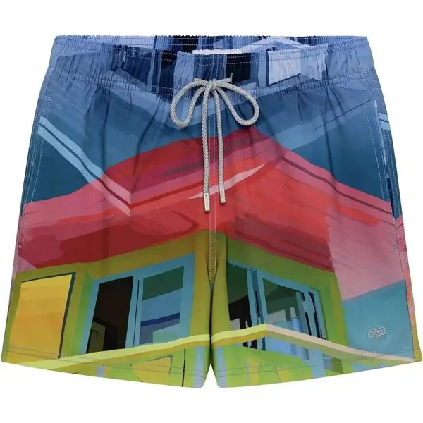 LE CLUB 4.25" Eco-friendly 4-way Stretch Swim Trunks - Blue/green Miami Beach Tower
