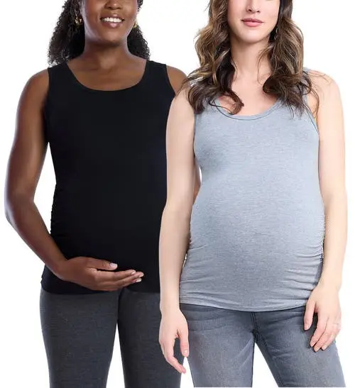 Motherhood Maternity Scoop Neck Side-ruched Maternity Tank Top 2 Pack - Black & Grey