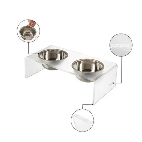THE LICKER STORE Keaton Modern Lucite Rectangular Elevated Pet Feeder With 2-stainless Steel Bowls - Moon White/chrome