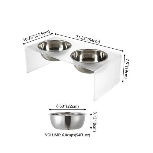 THE LICKER STORE Keaton Modern Lucite Rectangular Elevated Pet Feeder With 2-stainless Steel Bowls - Moon White/chrome