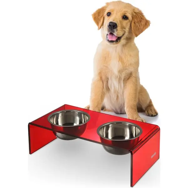 THE LICKER STORE Keaton Modern Lucite Rectangular Elevated Pet Feeder With 2-stainless Steel Bowls - Red/chrome