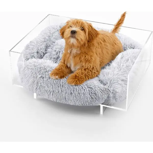 THE LICKER STORE Carole 24" X 18" Small/medium Modern Lucite Calming Fluffy Pet Bed With Washable Cushion - Light Gray/clear