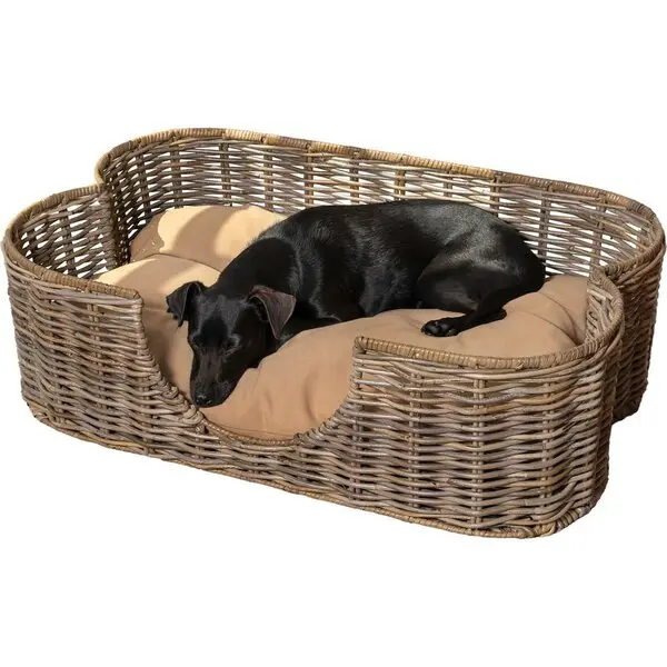 THE LICKER STORE Scallop Tropical Handwoven Rattan Pet Bed With Machine Washable Cushion - Kubu Gray