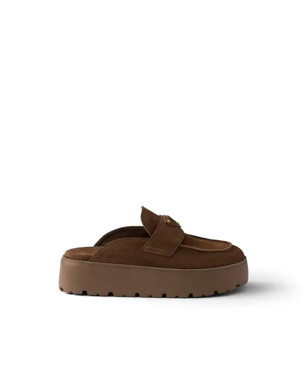 Prada Suede Flatform Mules - Brown