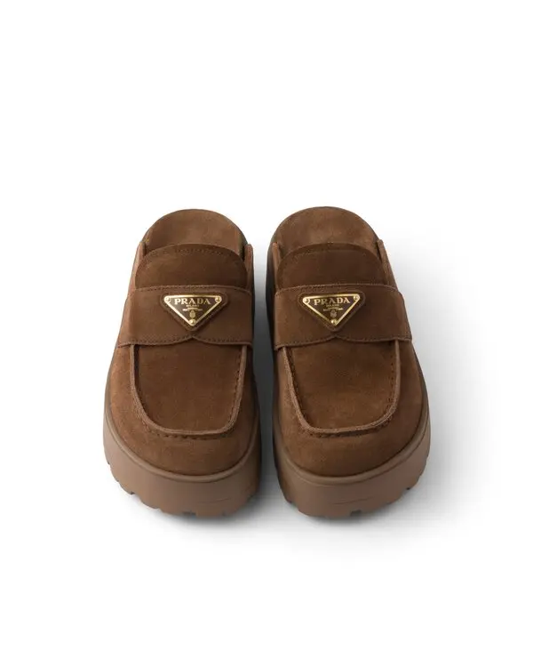 Prada Suede Flatform Mules - Brown