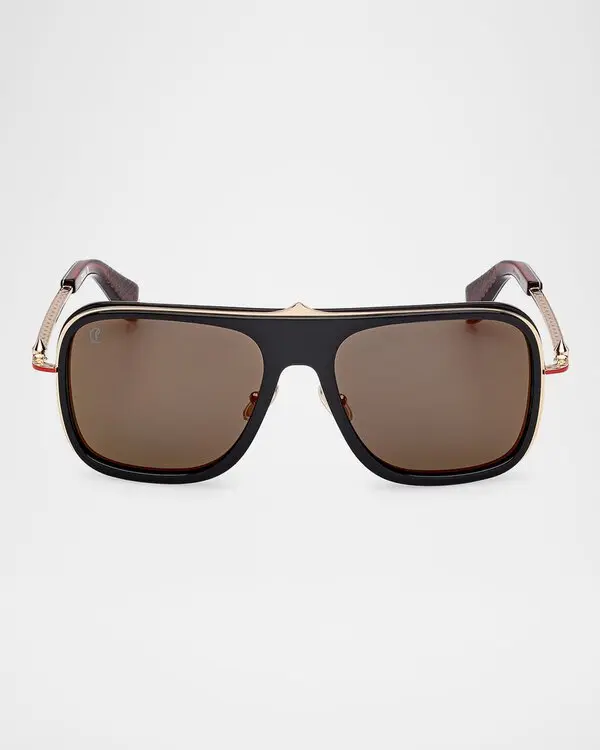 CHRISTIAN LOUBOUTIN Metal Aviator Sunglasses - Shiny Black Pale Gold Red Enamel Smoke Red Flash Lens