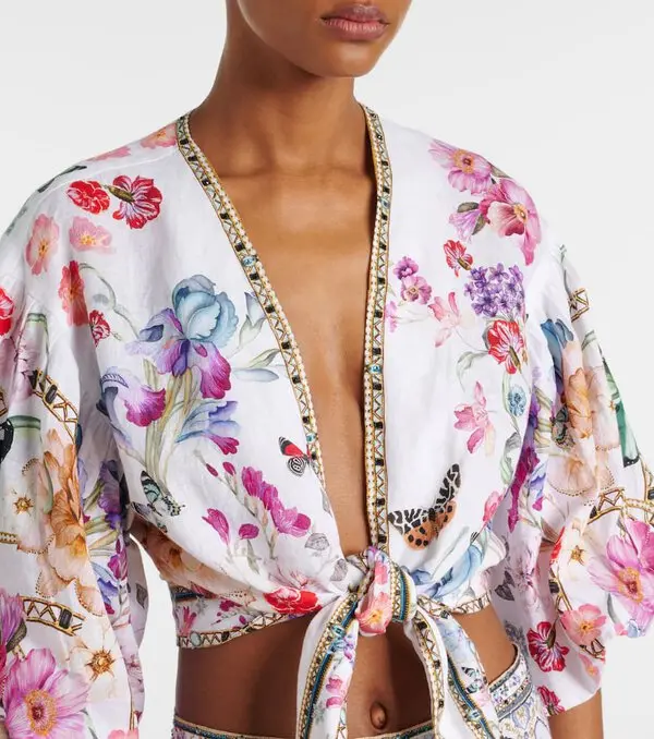 Camilla Floral Linen Crop Top - Multicoloured