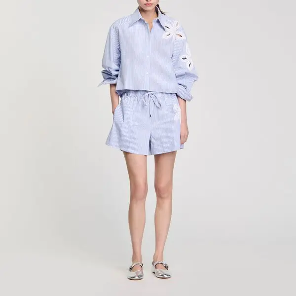 Sandro Striped Shorts With Floral Embroidery - Sky Blue