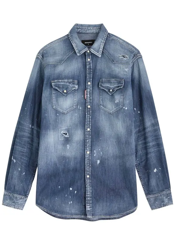 Dsquared2 Paint-splatter Stretch-denim Shirt - Navy