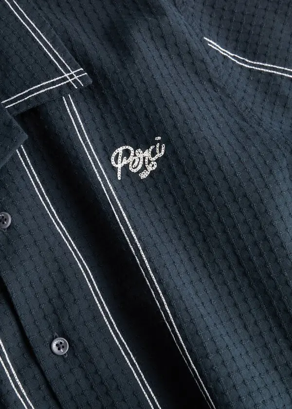 PERCIVAL Sicily Cuban Textured Logo Cotton Shirt - Navy