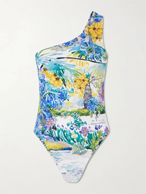 MARY KATRANTZOU Nata One-shoulder Printed One Piece Swimsuit - Blue