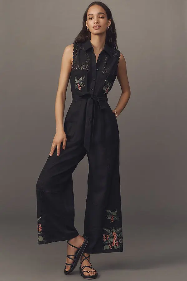 RANNA GILL Belted Crochet Jumpsuit - Black