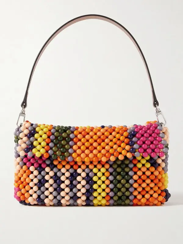 Staud Timmy Leather-trimmed Beaded Shoulder Bag