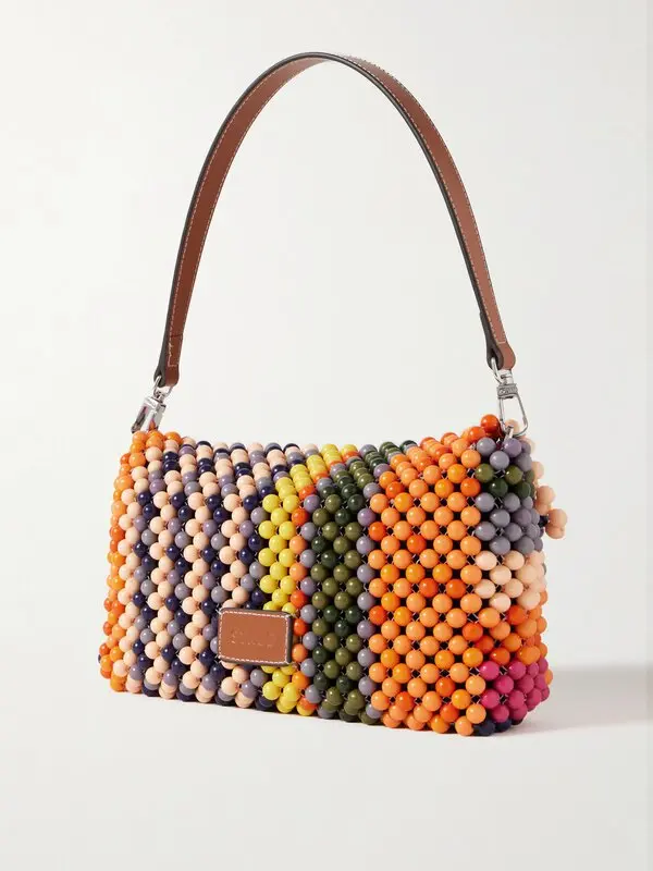 Staud Timmy Leather-trimmed Beaded Shoulder Bag