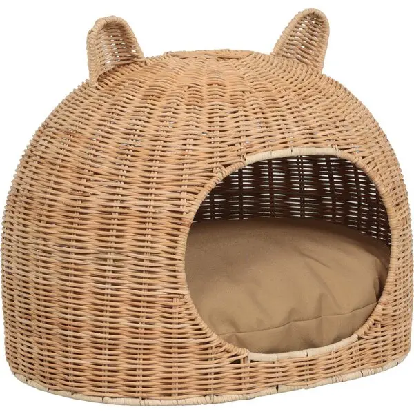THE LICKER STORE Cat Ear Water Hyacinth Pet Bed With Machine-washable Cushion - Light Brown
