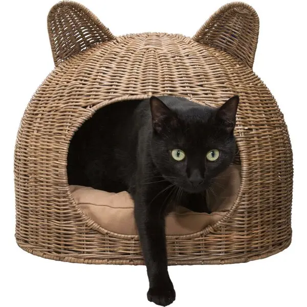THE LICKER STORE Cat Ear Water Hyacinth Pet Bed With Machine-washable Cushion - Natural