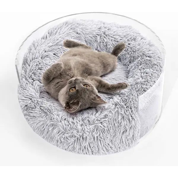 THE LICKER STORE Bette 20.75" X 20.75" Small/medium Modern Lucite Calming Fluffy Donut Pet Bed With Washable Cover - Light Gray/clear