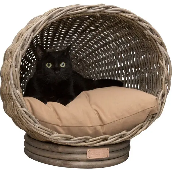 THE LICKER STORE Socket Dome 19.5" X 17" Bohemian Handwoven Rattan Pet Bed With Machine-washable Cushion - Kubu Gray