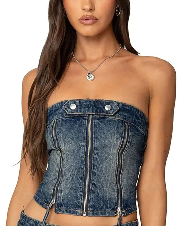 EDIKTED Guinevere Washed Denim Zip Top