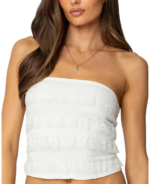 EDIKTED Georgette Lacey Ruffle Tube Top