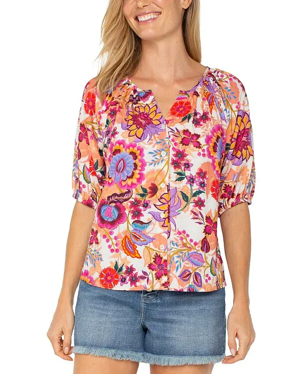 LIVERPOOL Short Sleeve Floral Button Up Top - Floral Paradise Multi