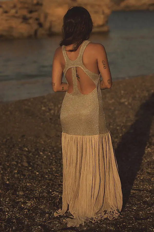 green emerald velvet dress Gold Metallic Strapless Drop Waist Maxi Dress – Ah Là Laà Lifestyle Boutique main image 1