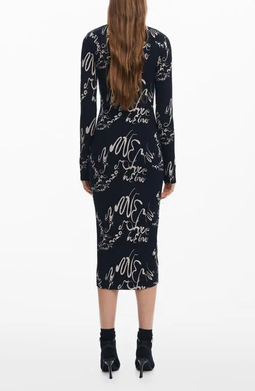 Desigual Love Print Long Sleeve Body-con Midi Dress