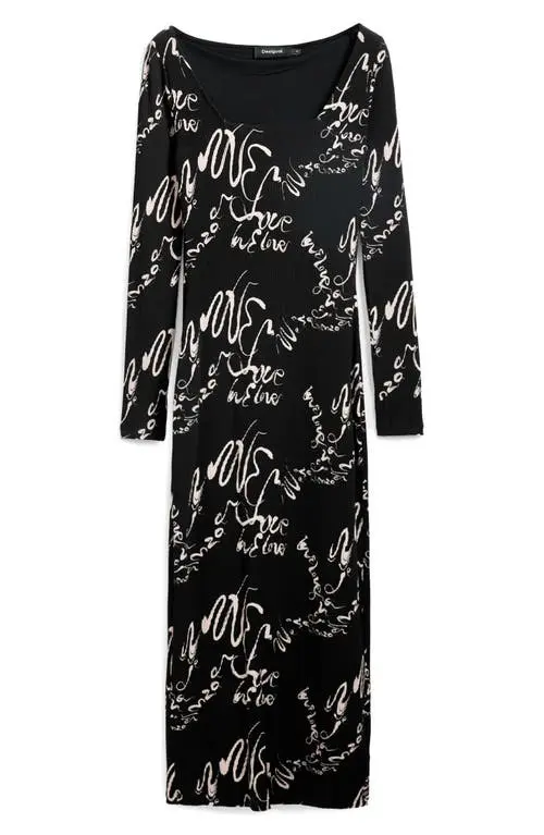 Desigual Love Print Long Sleeve Body-con Midi Dress