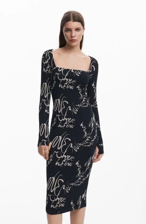 Desigual Love Print Long Sleeve Body-con Midi Dress