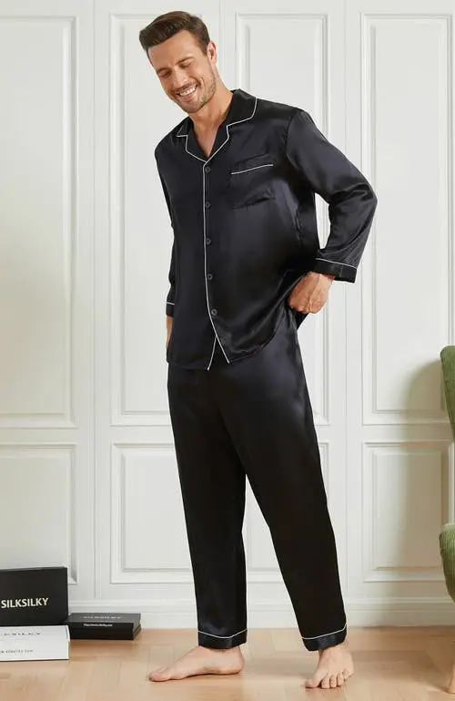 SILKSILKY Silk Lapel Long Sleeve Pajamas Set - Black