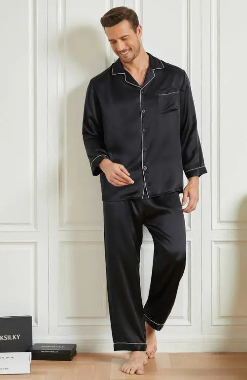 SILKSILKY Silk Lapel Long Sleeve Pajamas Set - Black