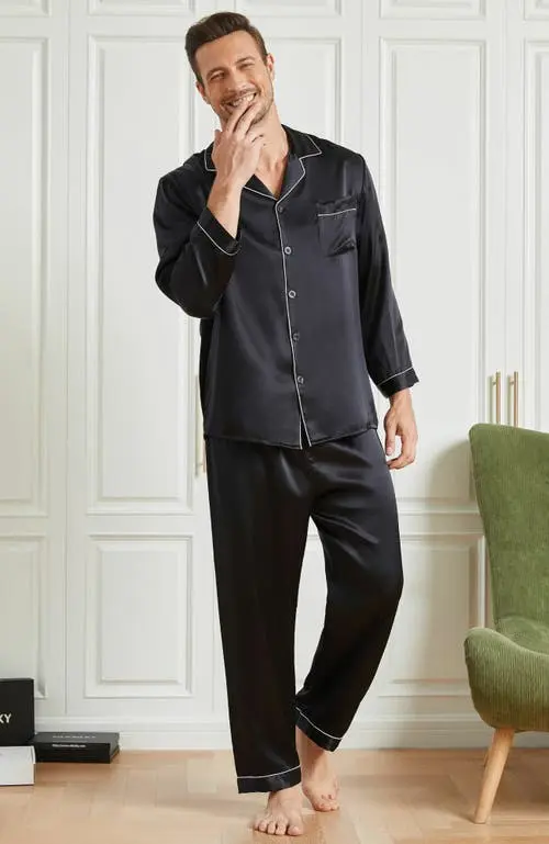 SILKSILKY Silk Lapel Long Sleeve Pajamas Set - Black