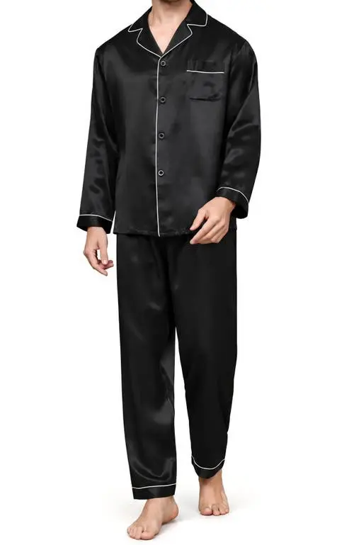 SILKSILKY Silk Lapel Long Sleeve Pajamas Set - Black