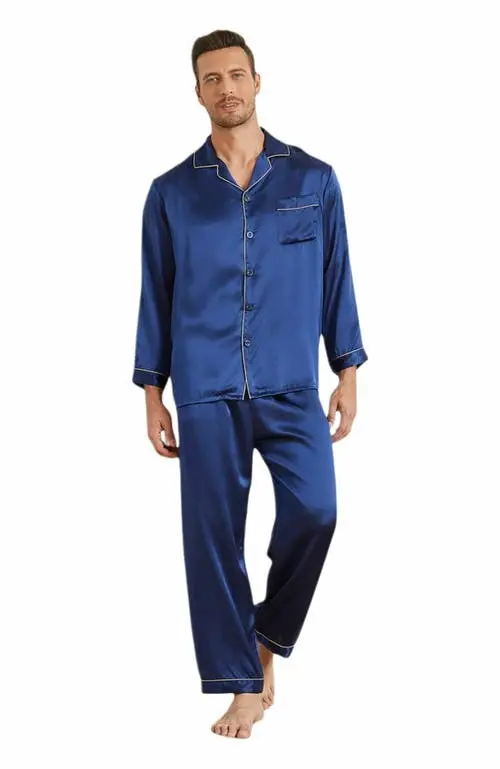 SILKSILKY Silk Lapel Long Sleeve Pajamas Set - Dark Blue