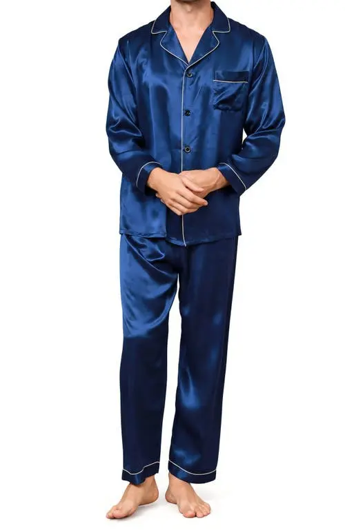 SILKSILKY Silk Lapel Long Sleeve Pajamas Set - Dark Blue