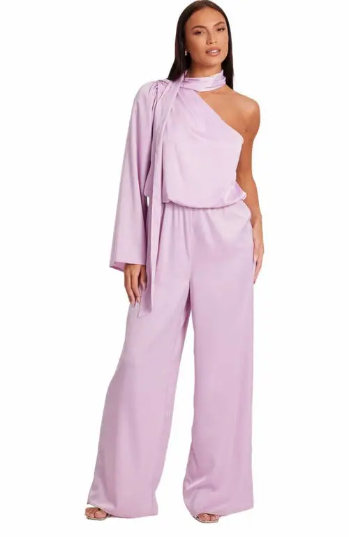 QUIZ One Sleeved Satin Jumpsuit With Scarf Detail - Lilac