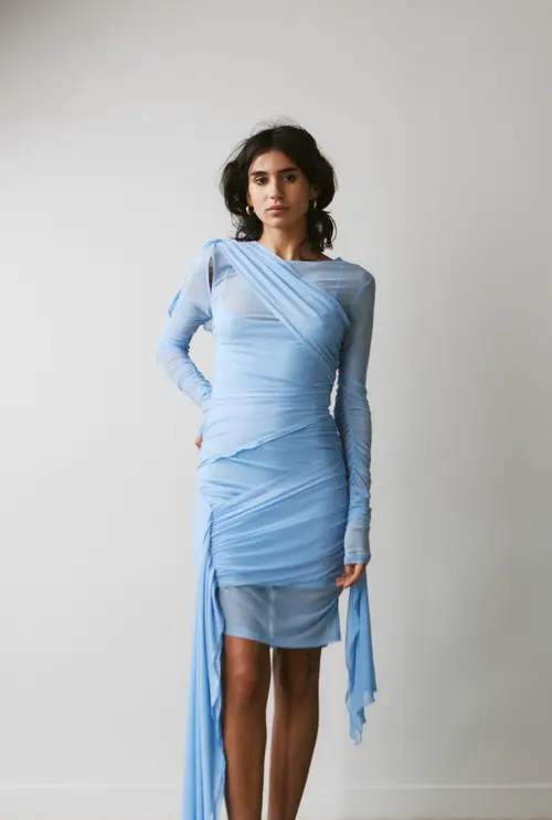 SAEMDI Draped Mesh Mini Dress