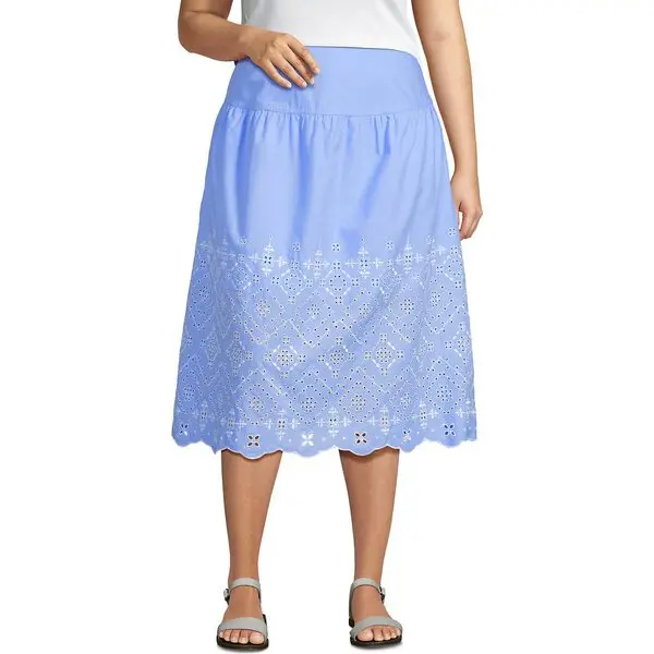 LANDS' END Poplin Drop Waist Midi Skirt - Light Sea Blue