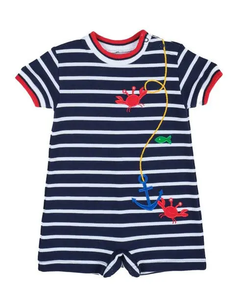FLORENCE EISEMAN Stripe Knit Shortall With Appliqués - Navy / White