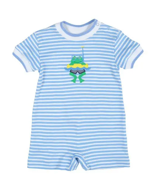 FLORENCE EISEMAN Stripe Knit Shortall With Applique - Light Blue / White