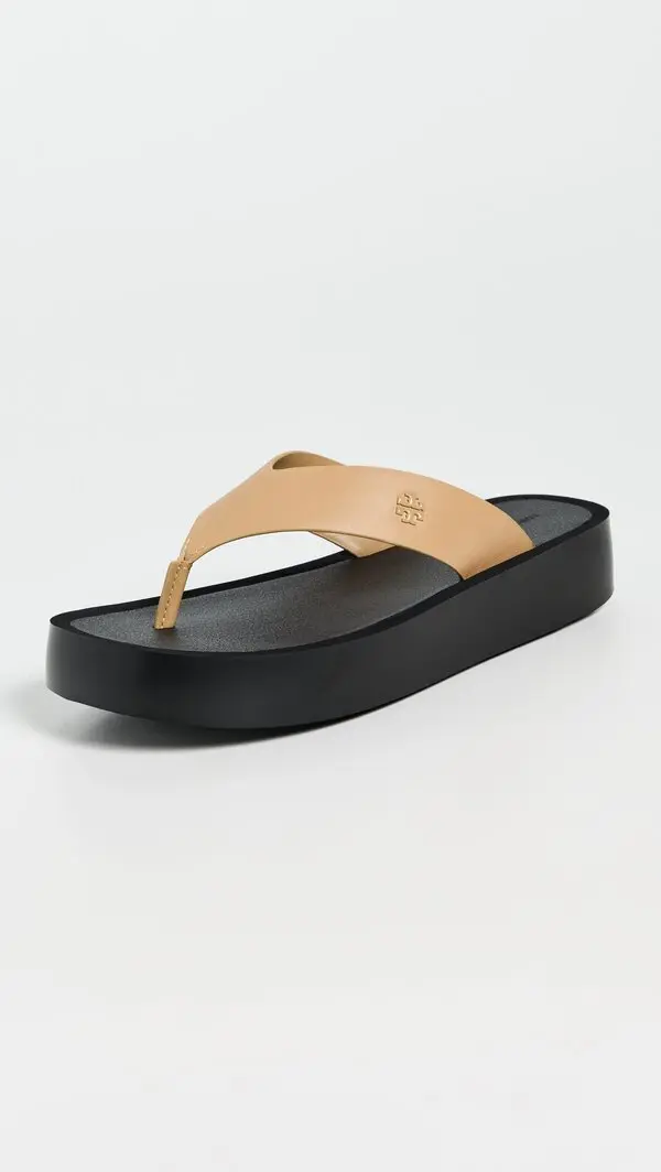 Tory Burch Leather Platform Flip Flops - Ginger Shortbread/black