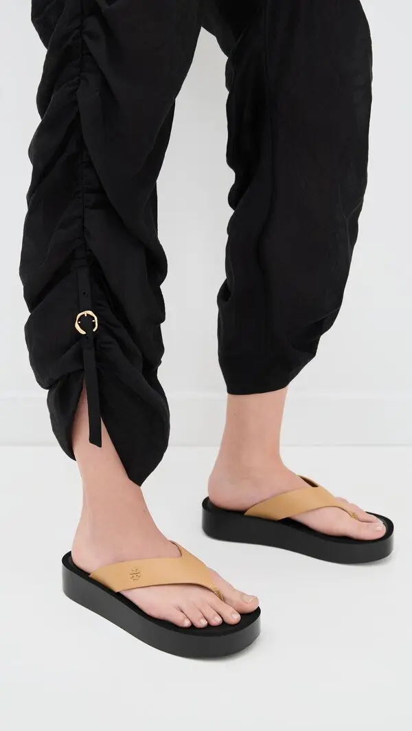 Tory Burch Leather Platform Flip Flops - Ginger Shortbread/black