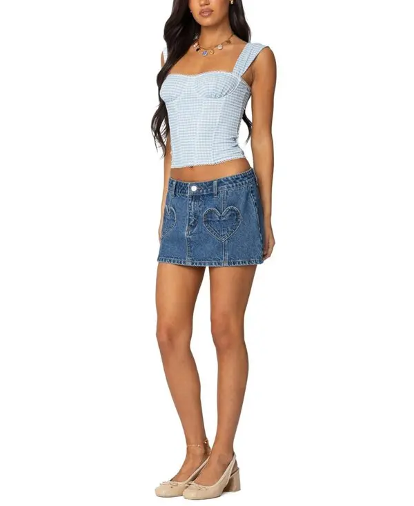 EDIKTED Denim Mini Skirt With Heart Pockets