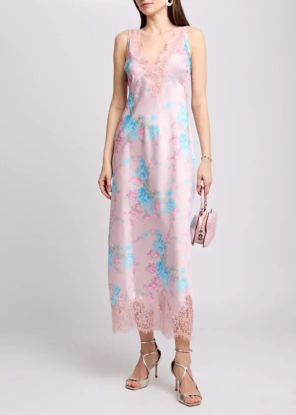 LoveShackFancy Floral Printed Satin Maxi Dress