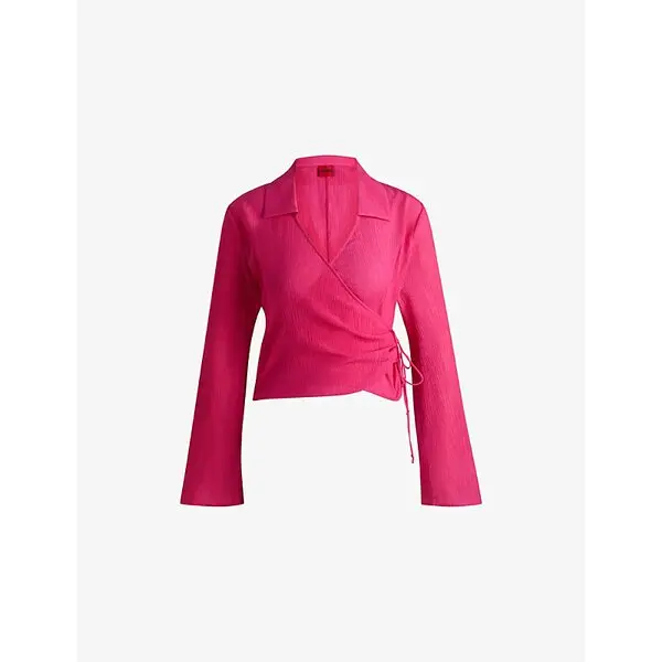 Hugo Wrap-over Long-sleeve Woven Top