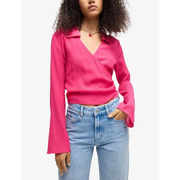Hugo Wrap-over Long-sleeve Woven Top