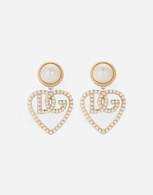 Dolce & Gabbana Drop Earrings With Cabochon Details And Dg Logo Heart - Gold