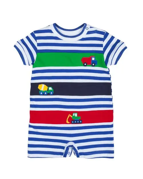 FLORENCE EISEMAN Knit Stripe Shortall With Applique Trucks - White / Royal