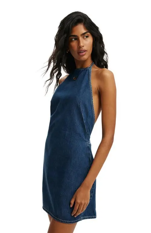 COTTON ON Halter Denim Mini Dress - Grotto Blue