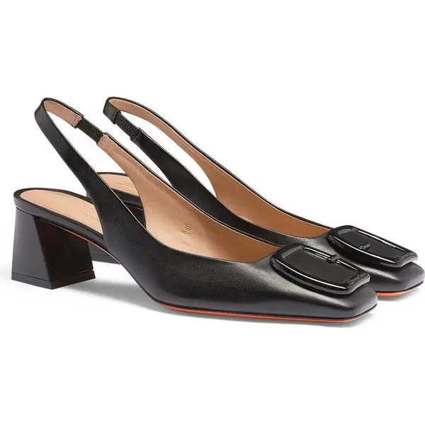 Santoni Leather Slingback With Block Heel - Black